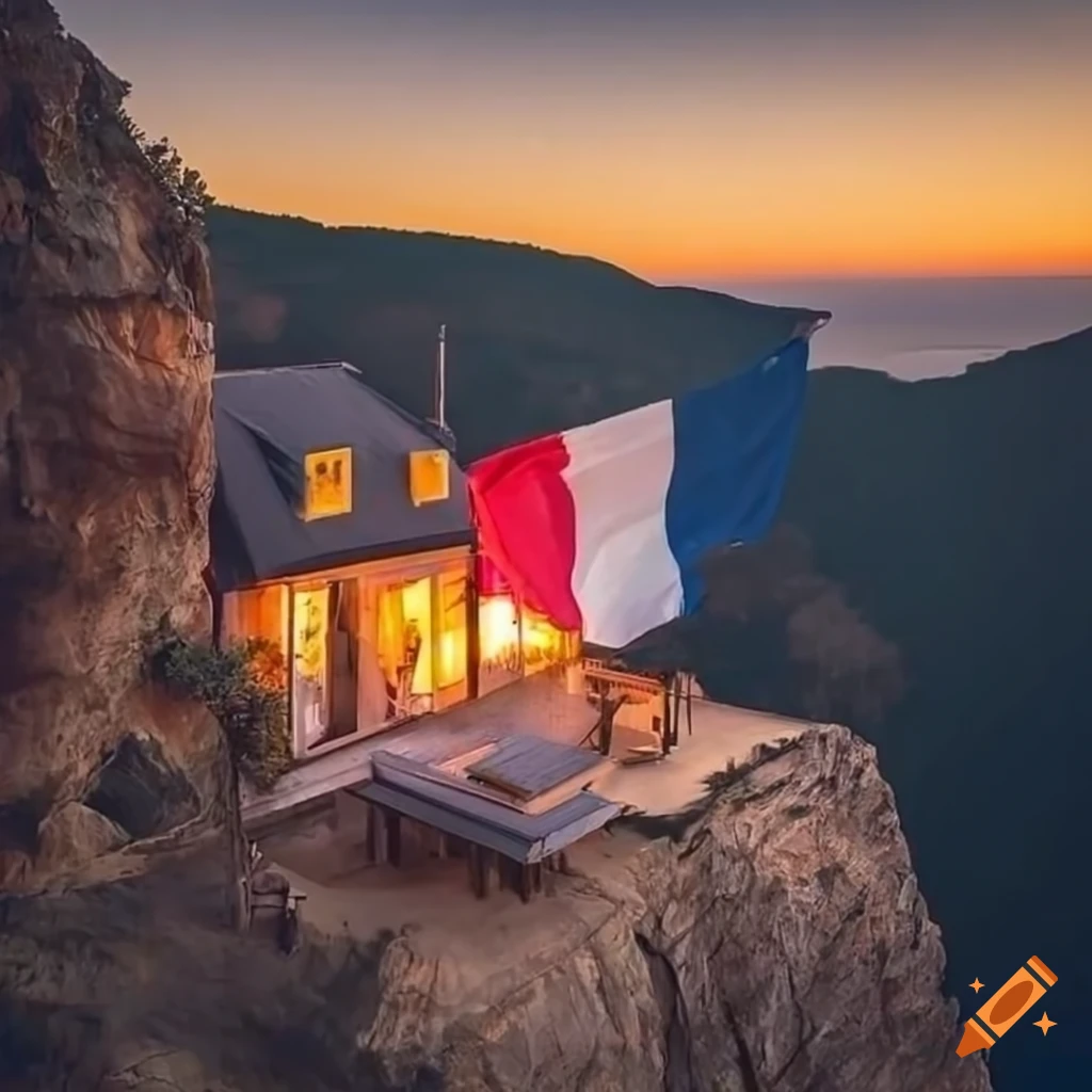 Romantic tiny house on cliffside overlooking sunset landscape on Craiyon