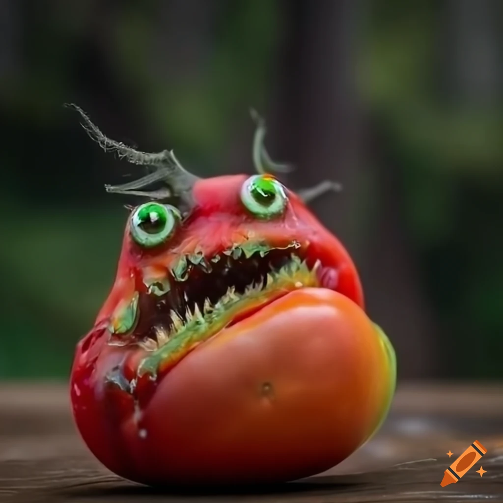 Ultra-realistic close-up portrait of the rotten tomato fruit monster on ...