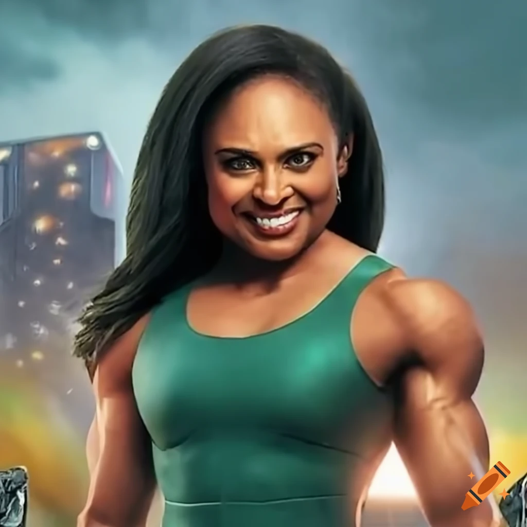 The Super Diligent Super Delegate featuring Kristen Welker as a muscular action hero on Craiyon