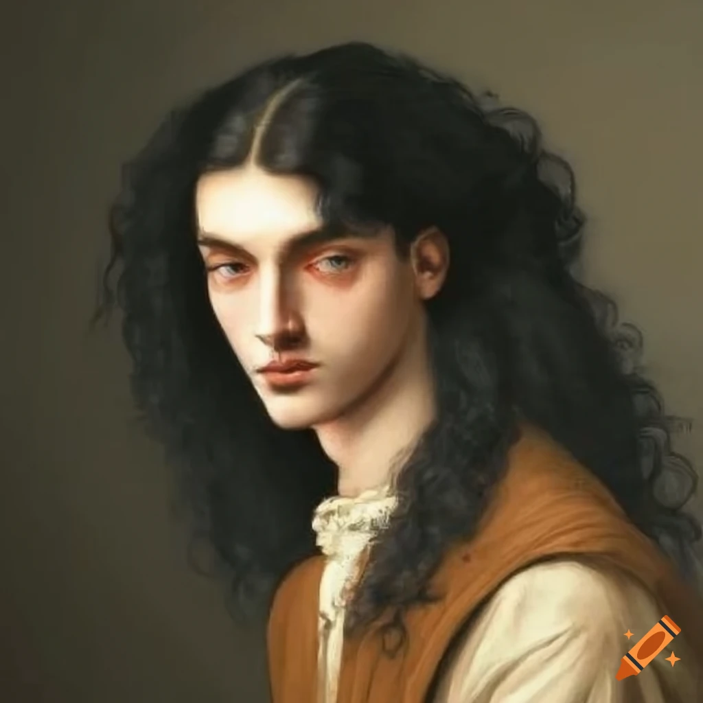 Young man with long black hair in pre-raphaelite style on Craiyon