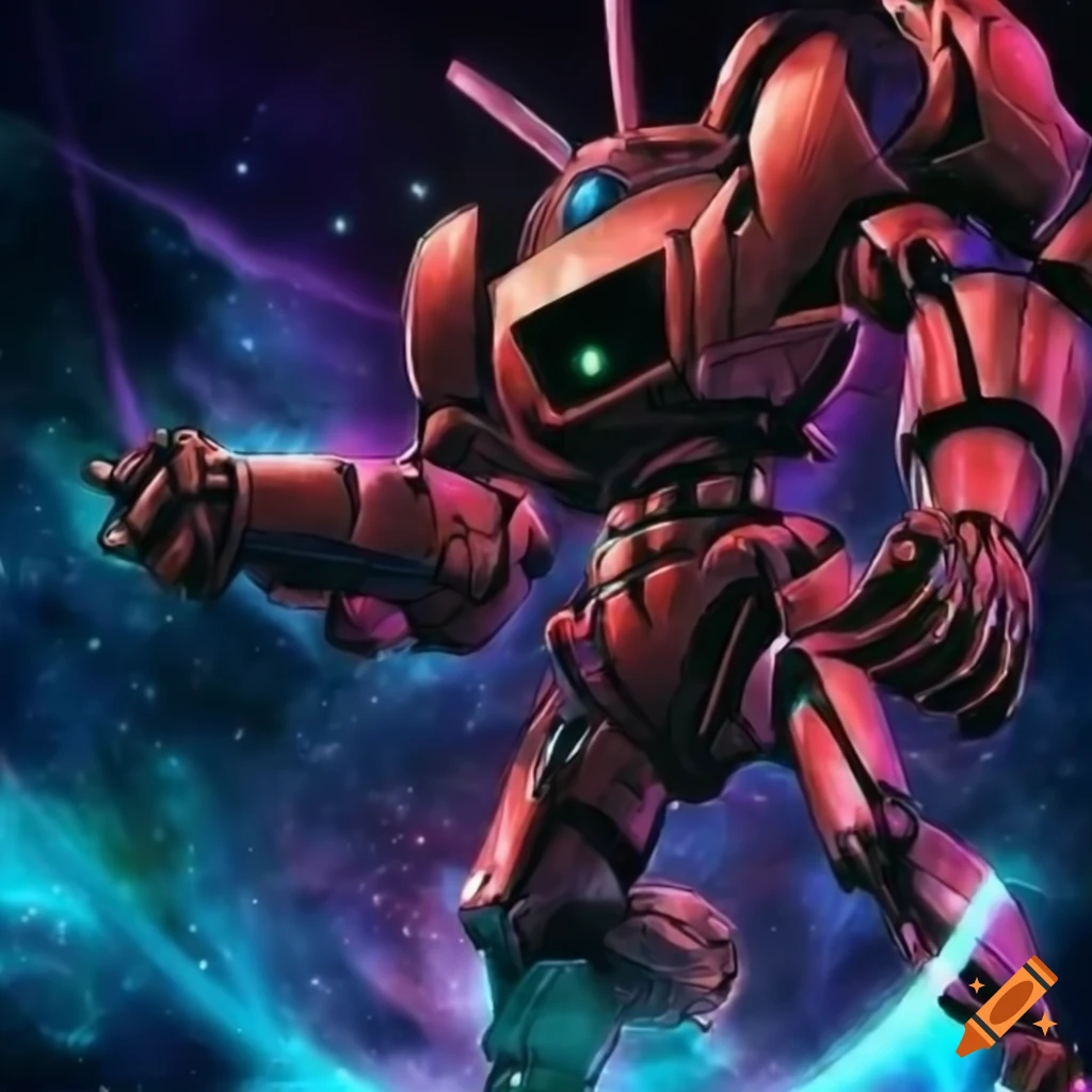 Giant space robot depicted in yugioh art style on Craiyon
