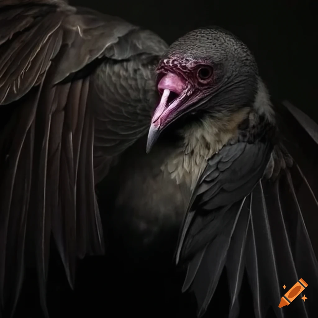 Dark photo of a bat-vulture hybrid with mesmerizing details on Craiyon