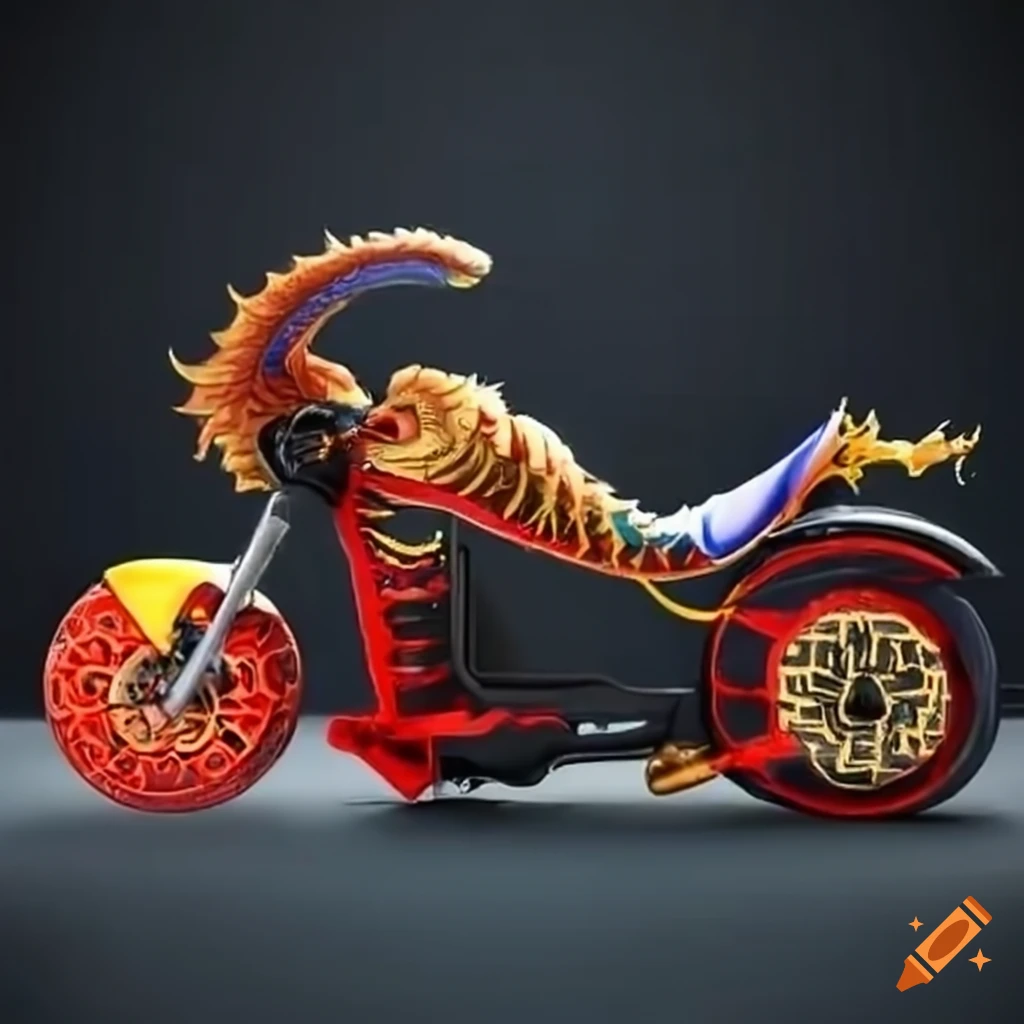 Chinese dragon in biker outfit riding an electric motorbike on Craiyon