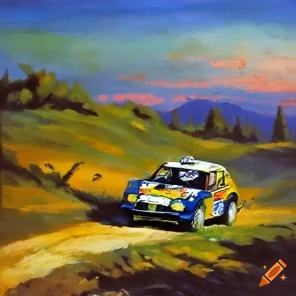 Two rally cars racing on a dirt road in a frank frazetta painting on ...