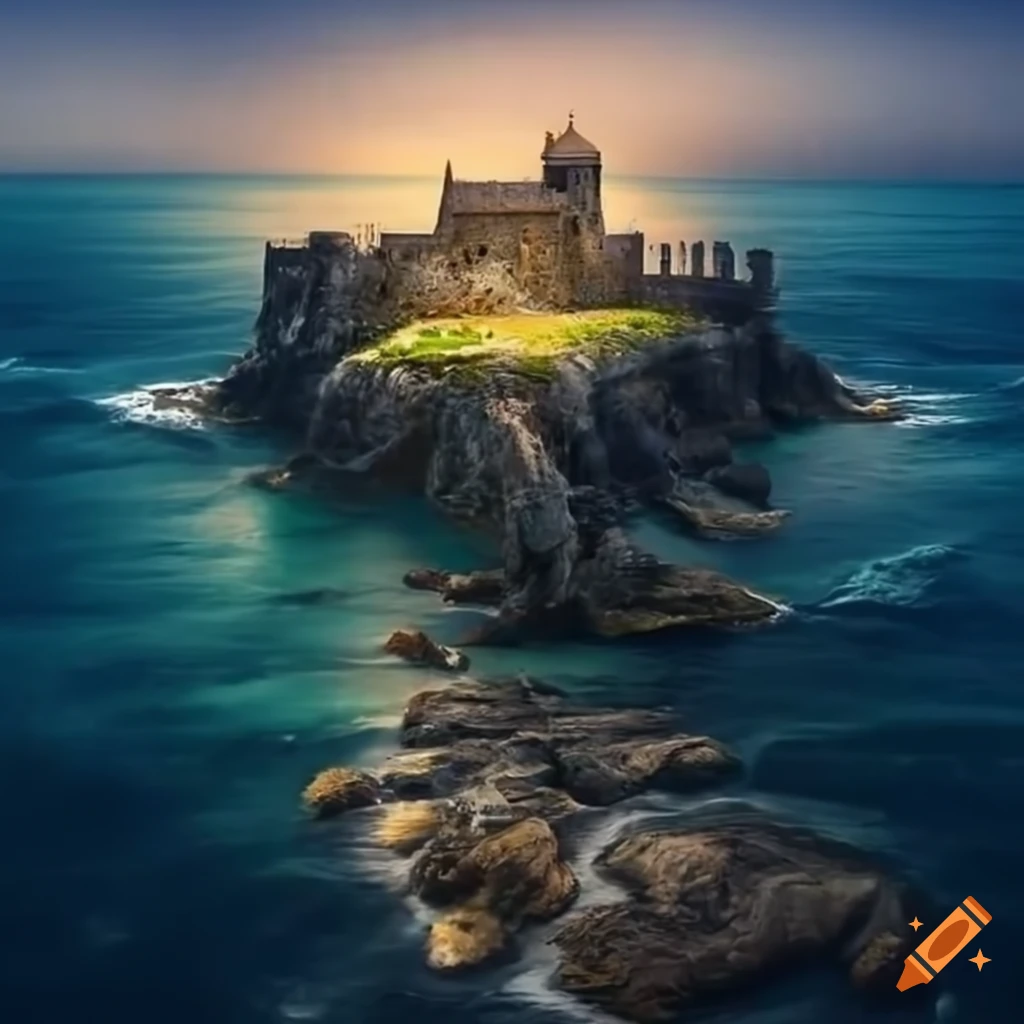 Medieval island with fortress and stone villages by stormy sea on Craiyon