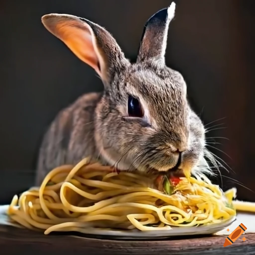Rabbit eating spaghetti in milan on Craiyon