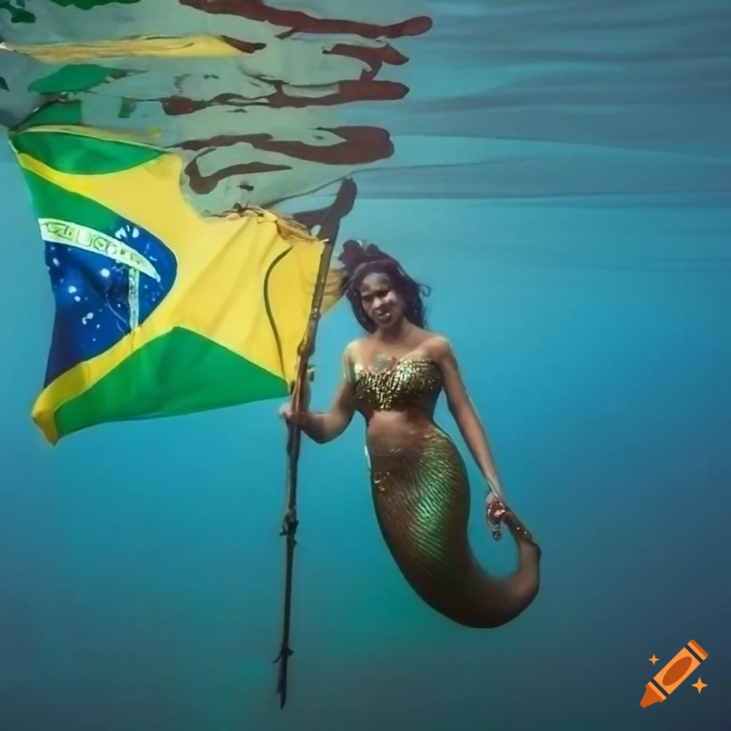 Empowered warrior mermaid with rifle and Brazilian flag by the ocean on ...