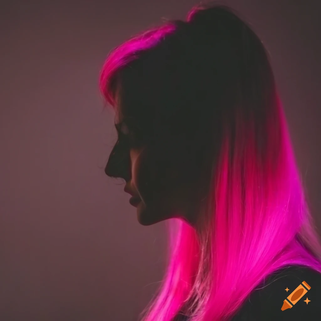 Woman with long neon pink hair in profile on dark background on Craiyon