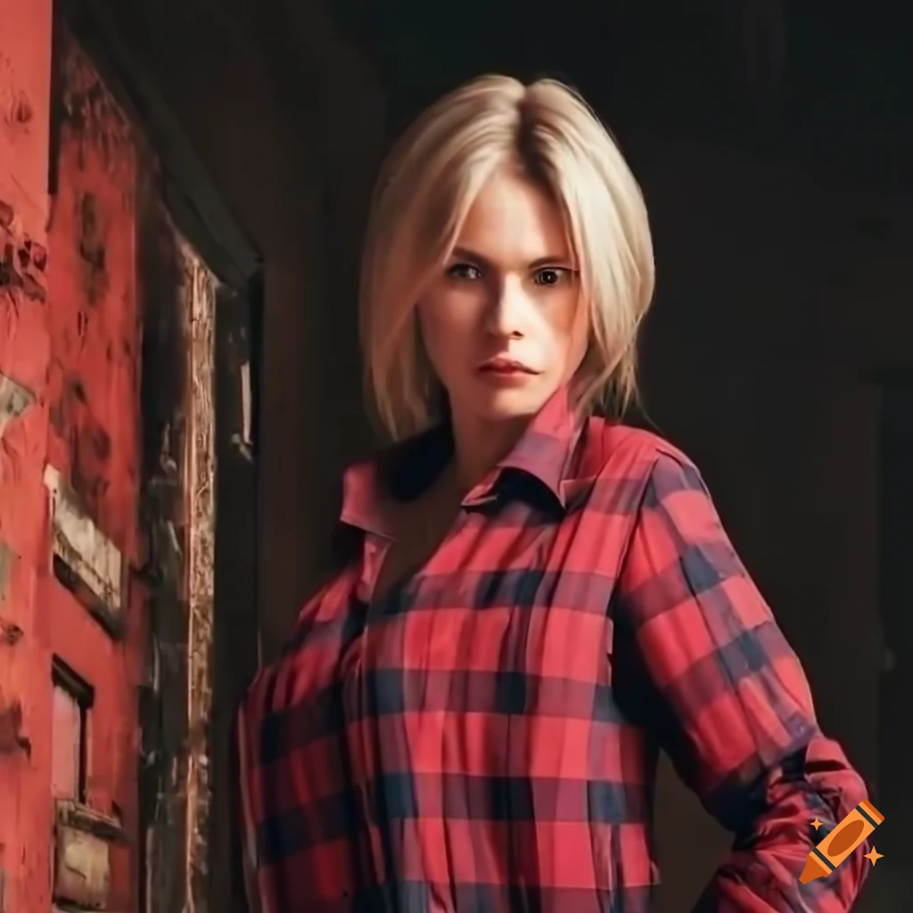 Blonde woman in red plaid shirt and high-waist black leather trousers peeking through a derelict ...