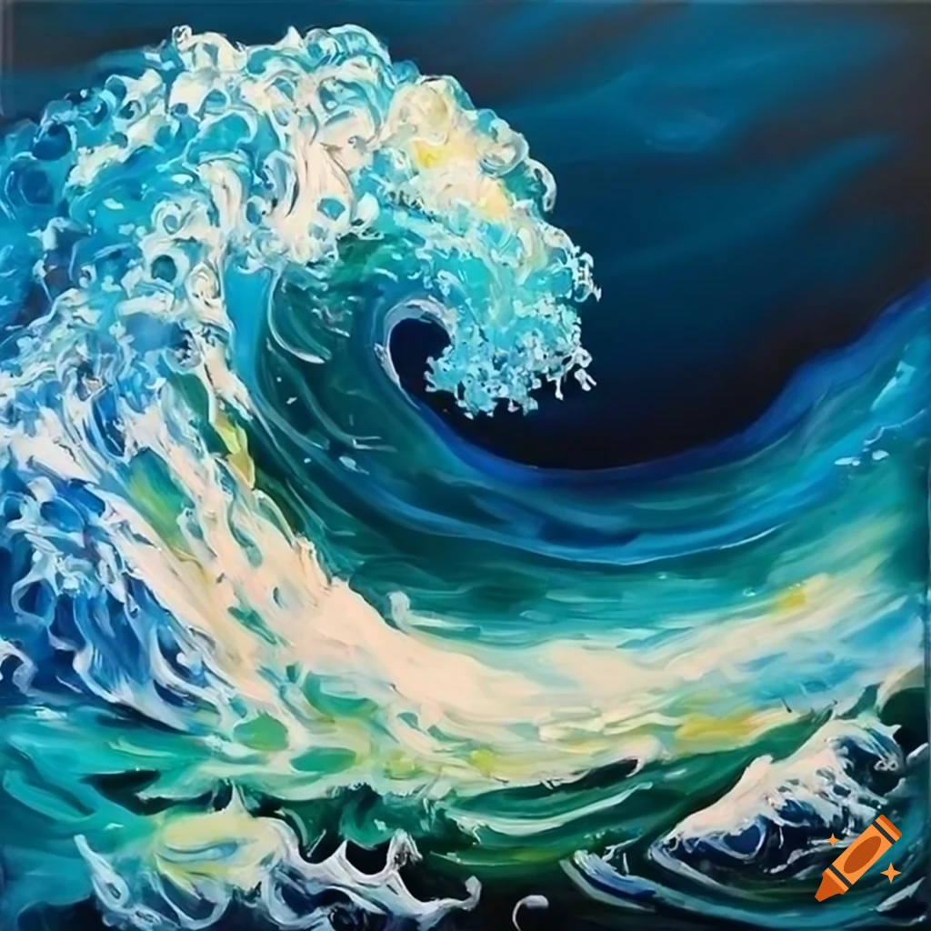 Acrylic painting of a massive ocean wave in impressionist style on Craiyon