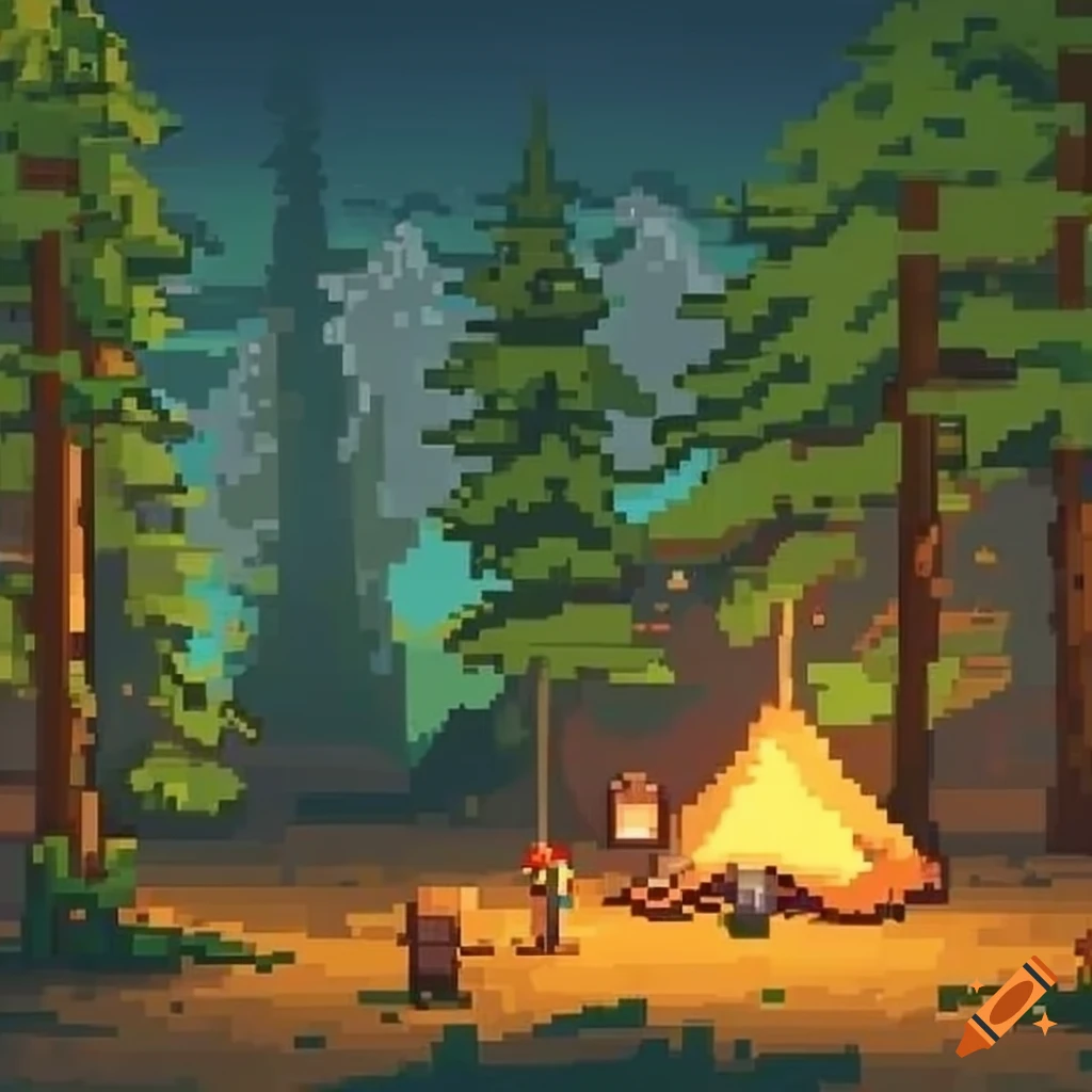 Pixel art of a detailed forest camping scene on Craiyon