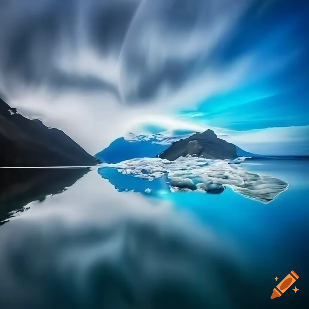 Art piece depicting melting icebergs, Pacific Ocean waves, and an ...