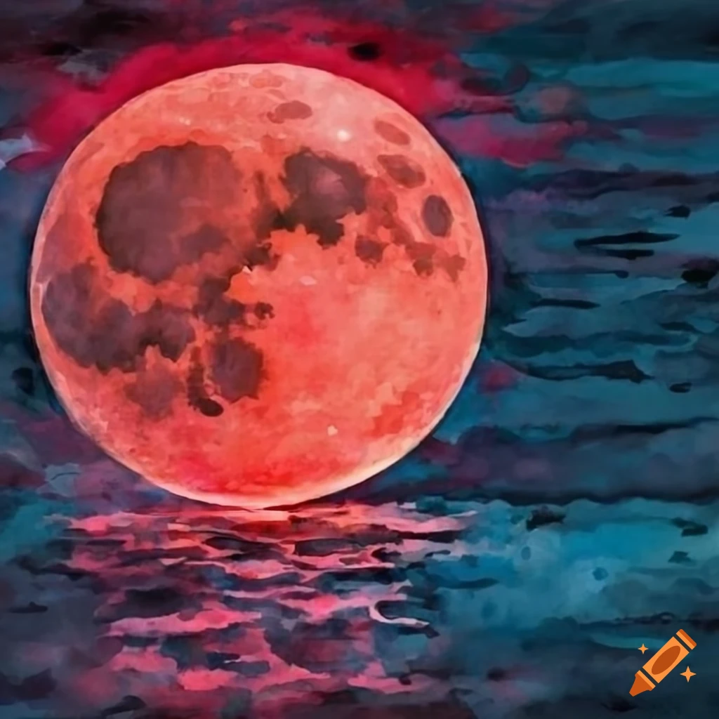 Red heart-shaped moon rising over a black ocean with red light ...