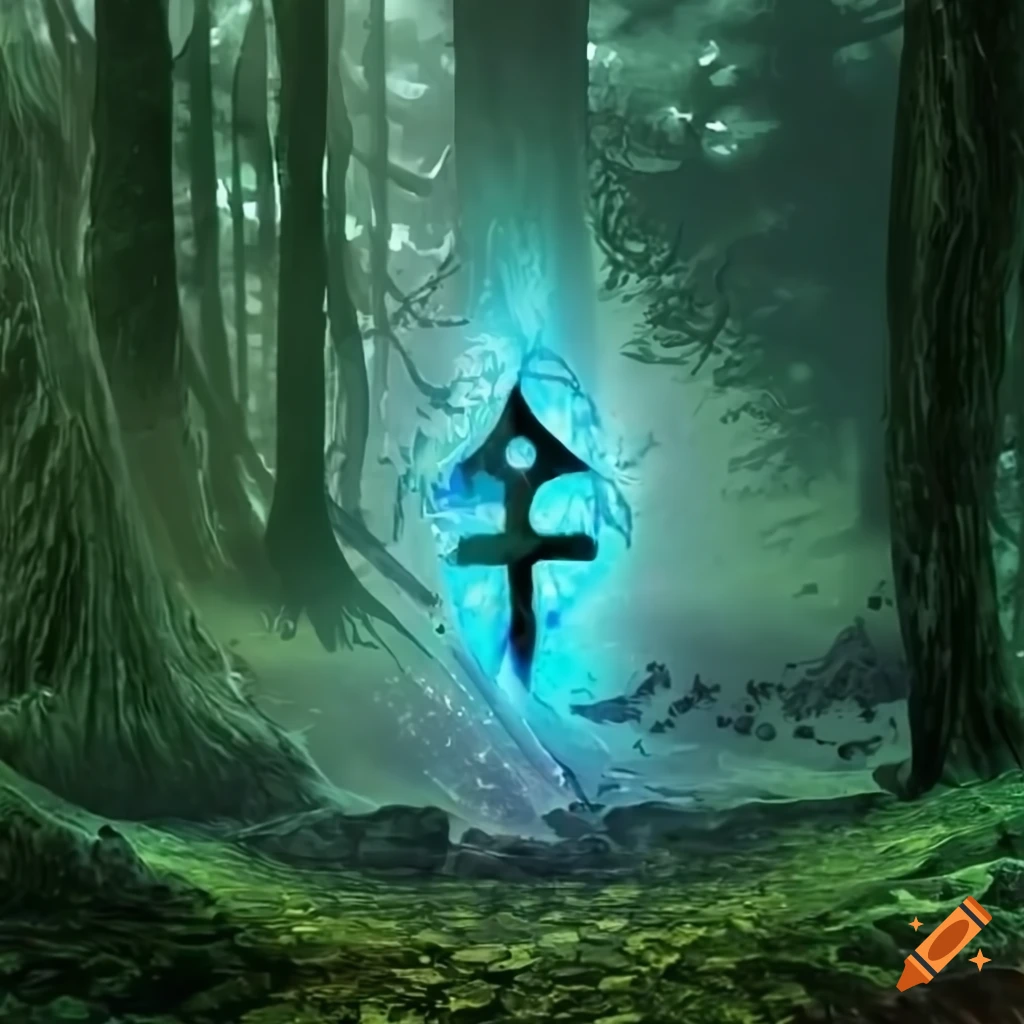 Lögr water rune in a stone tablet in an enchanted forest on Craiyon