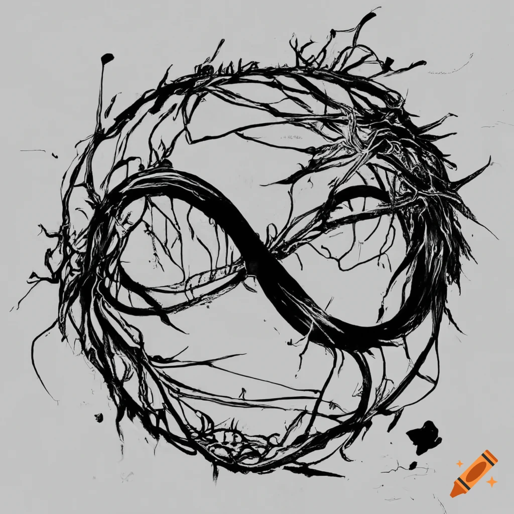 Interconnected roots in a symbol of infinity in black and white ink ...