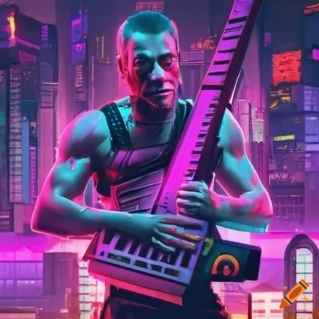 Cyberpunk Jean Claude Van Damme playing keytar on a rooftop on Craiyon