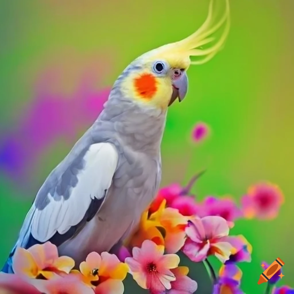 Vibrant postcard with playful cockatiel and flowers on Craiyon