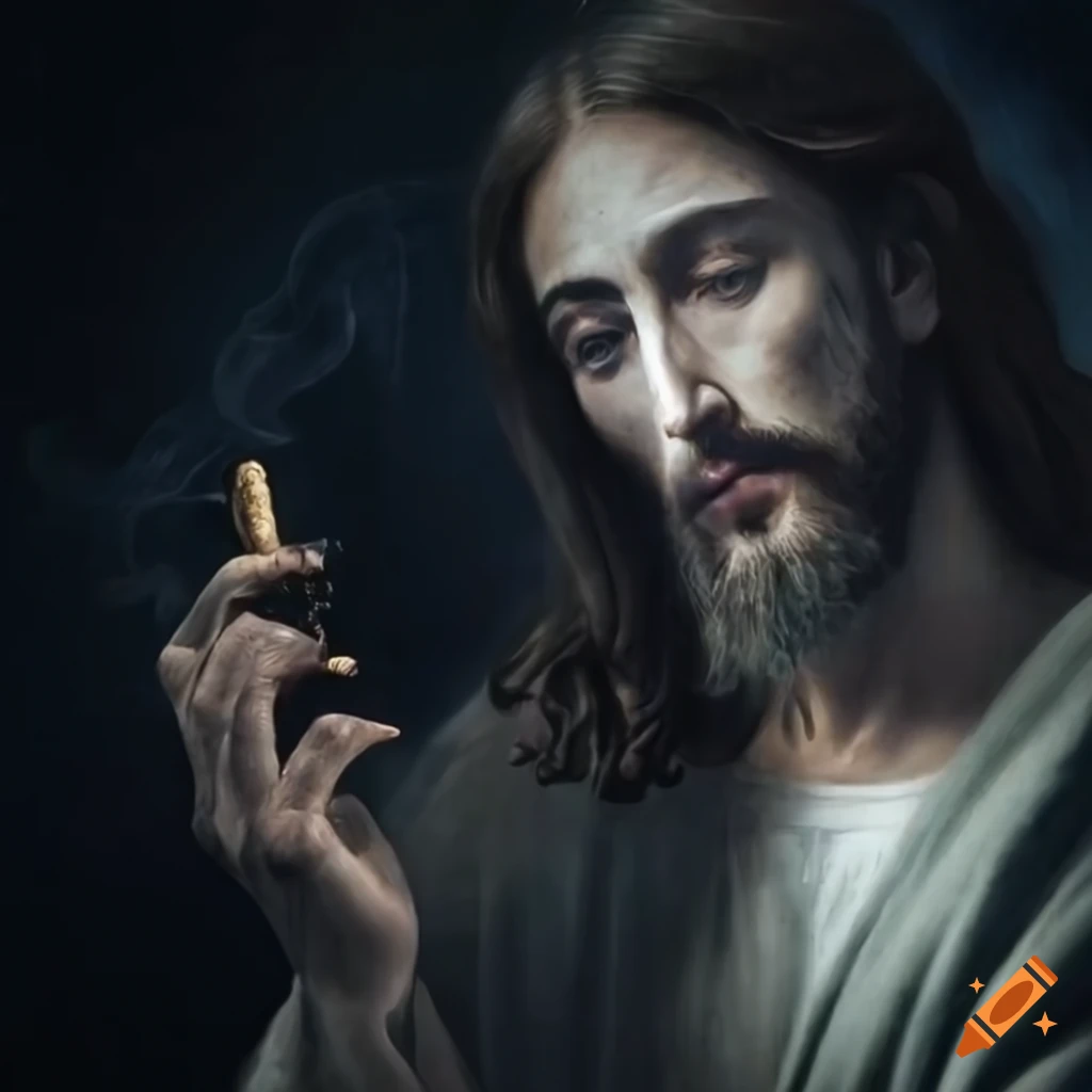 Representation of jesus christ with cigar in a dark setting on Craiyon