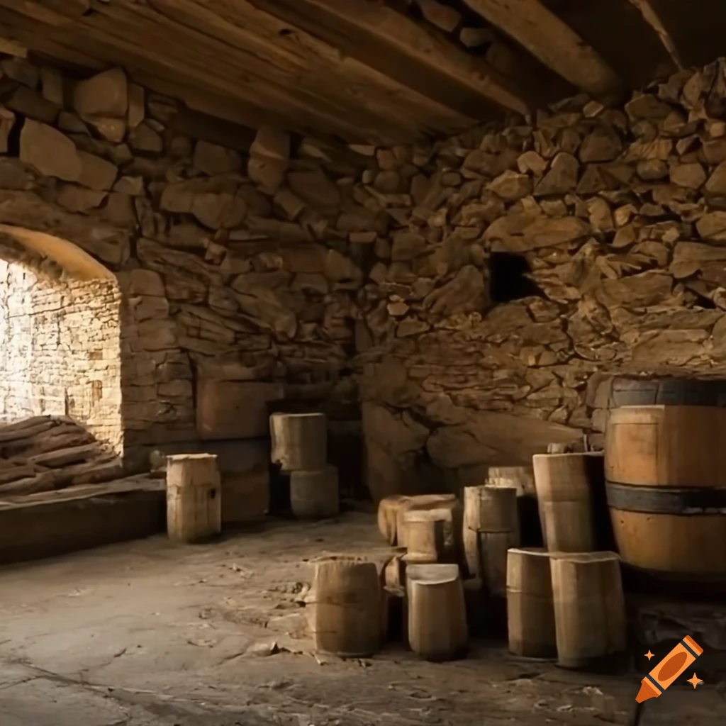 Stone warehouse in a desert with crates and barrels in the yard on Craiyon