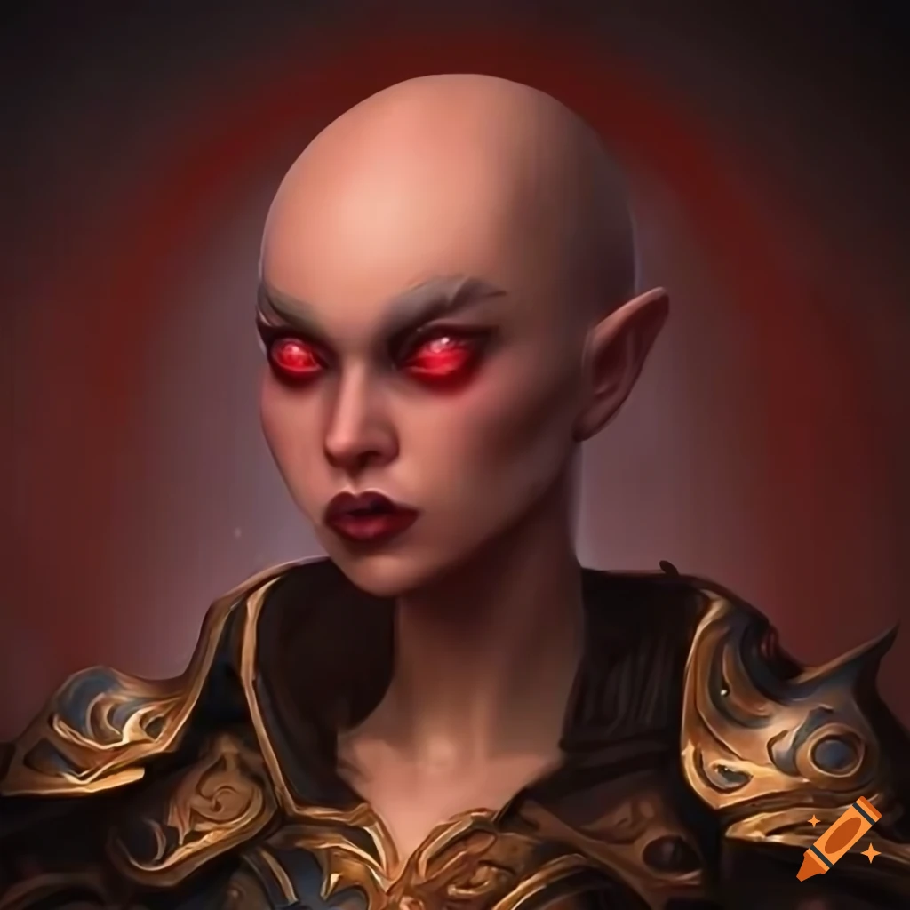 Bald tattooed female mage with red eyes and red magic orb on Craiyon