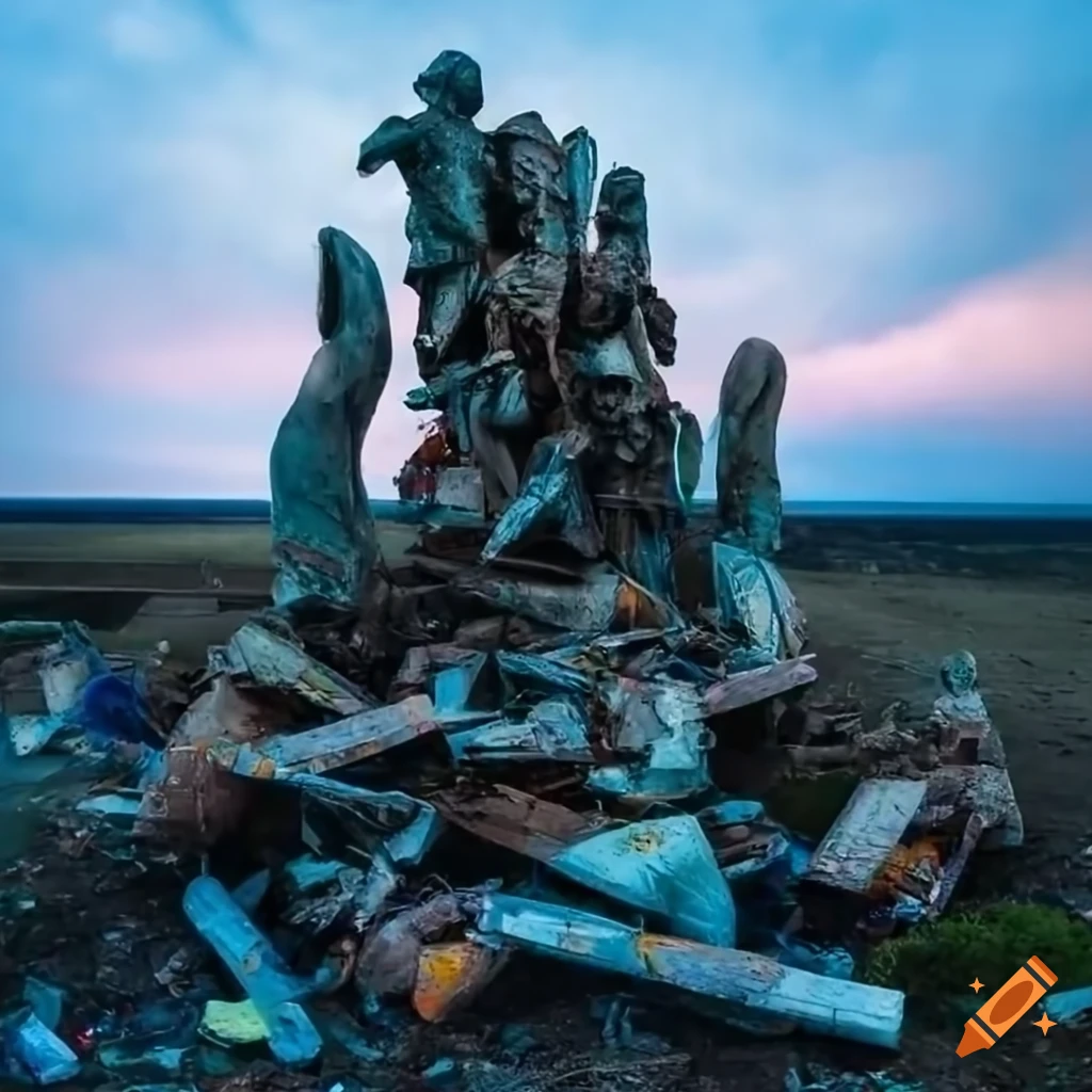 Destroyed statues in a junk garbage web in a post-apocalyptic landscape ...
