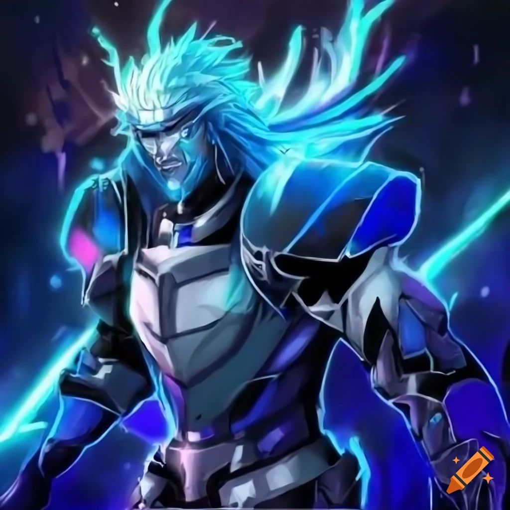 Fantasy galactic-overlord in blue armor with dark energy, anime style ...