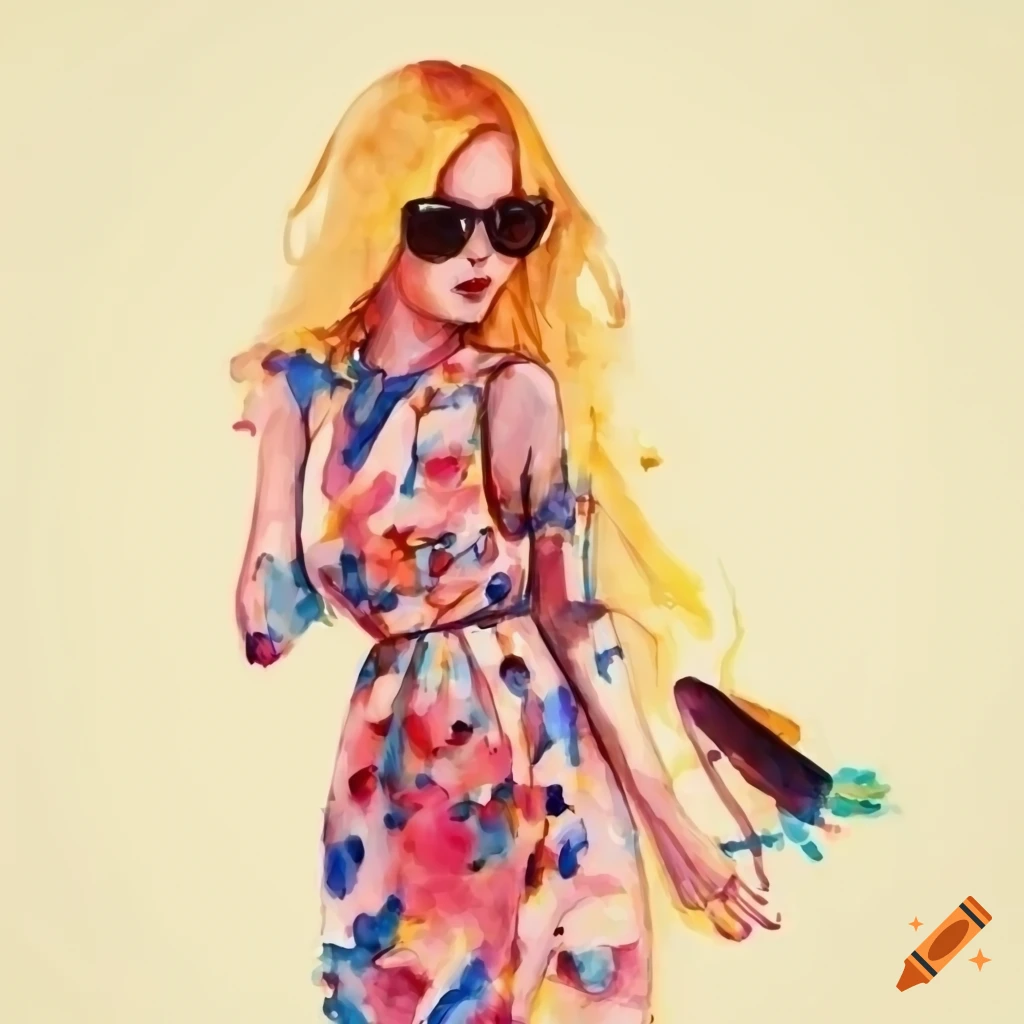 Chic fashion woman in a summer dress and sunglasses in watercolor on ...