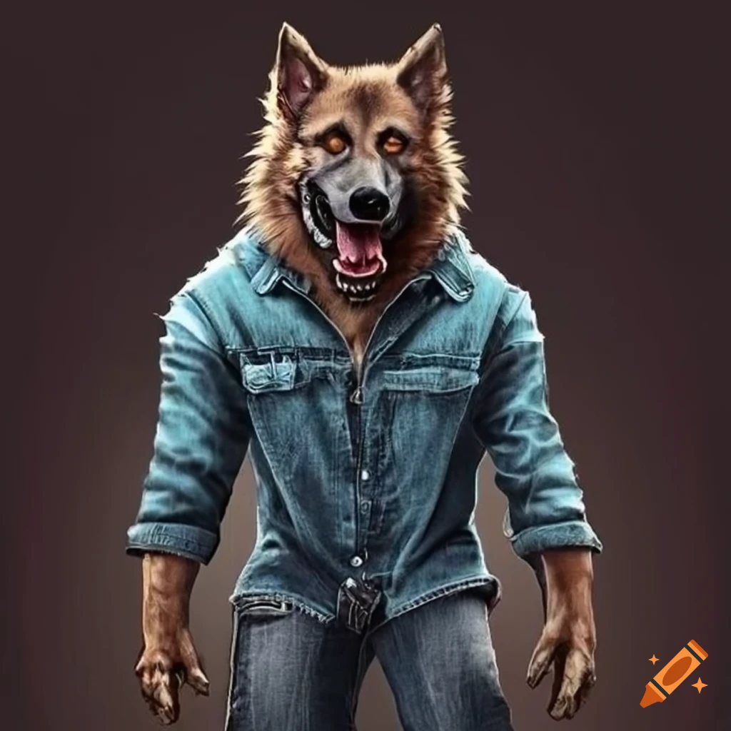 Humanoid werewolf German Shepherd wearing denim jeans and flannel shirt ...