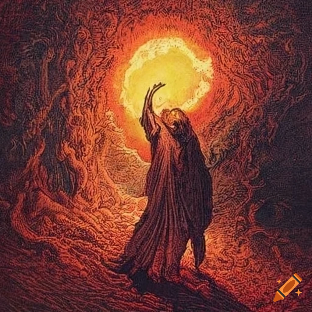 Man casting fireball in a gustave dore style artwork on Craiyon