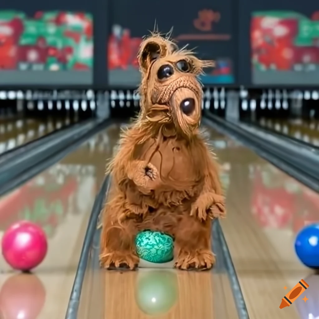 Mischievous alien alf at a bowling alley on Craiyon