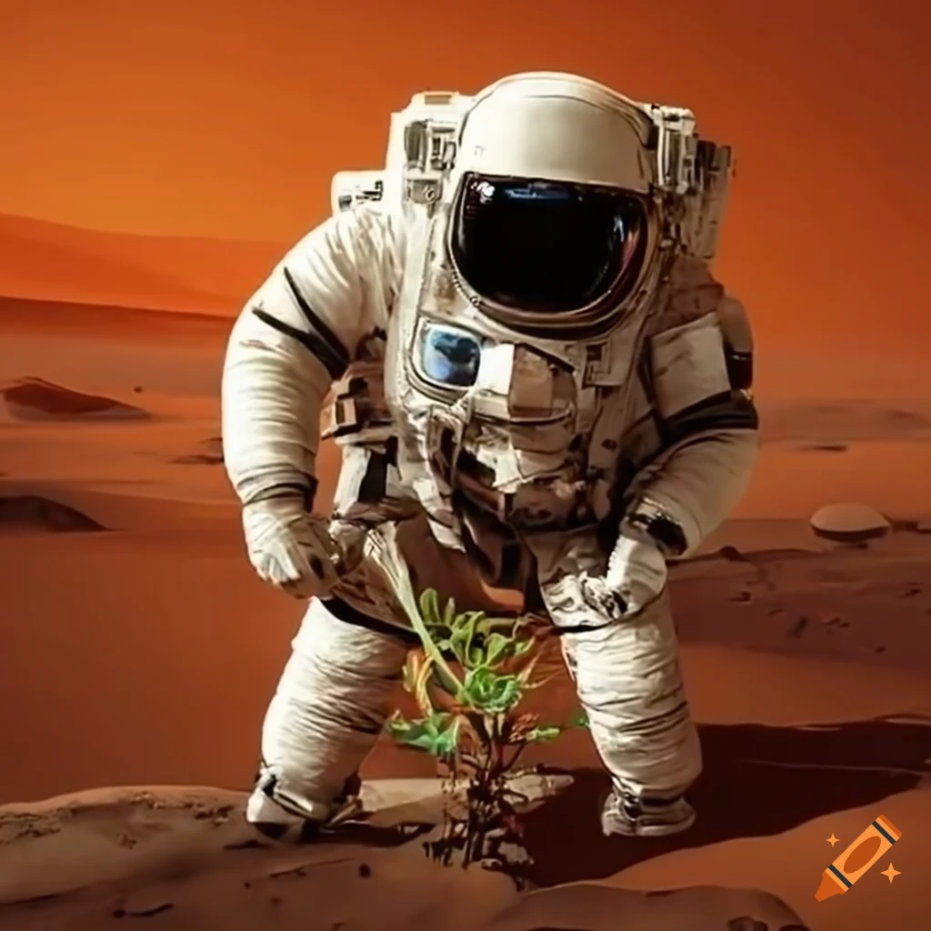 Astronaut planting plants on mars in a spacesuit on Craiyon