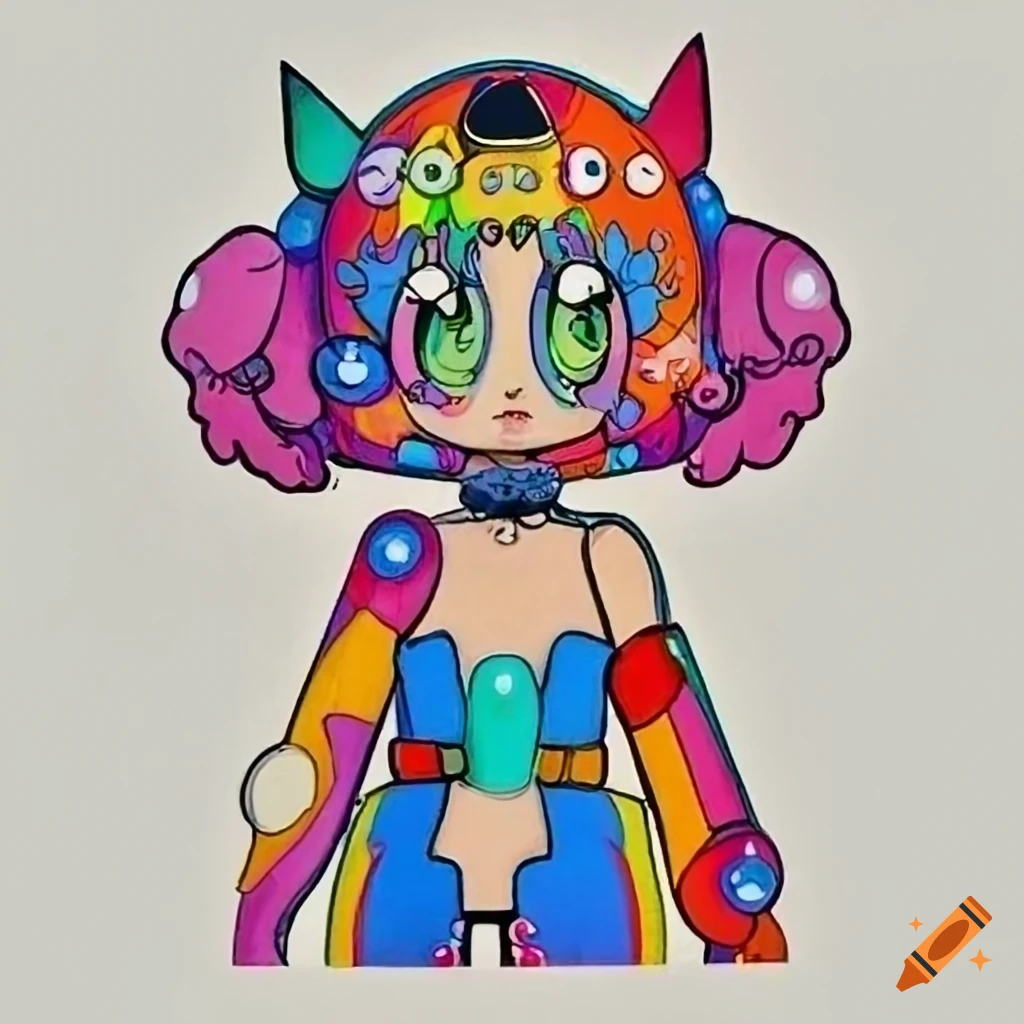 Anime-style robot girl with vibrant colors inspired by various artists ...