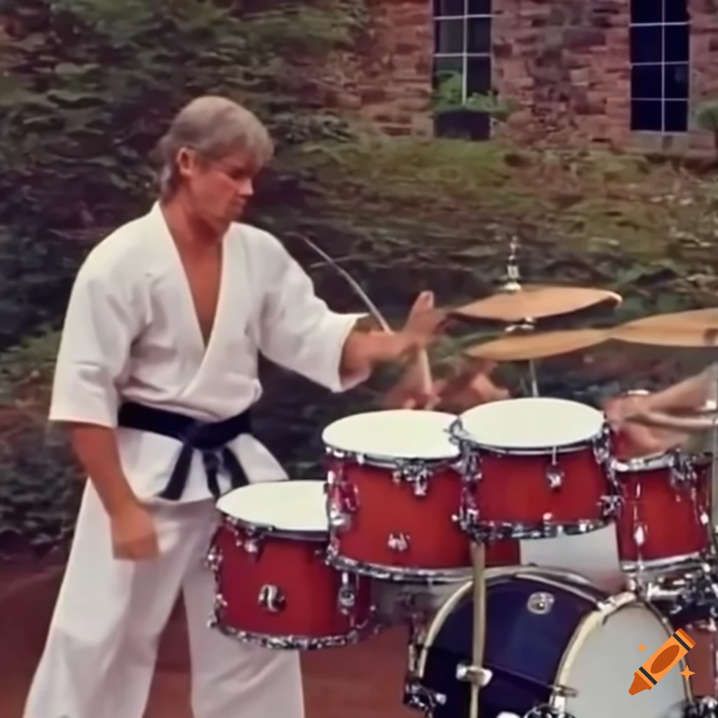 Eric roberts in karate attire playing triangle drums on Craiyon