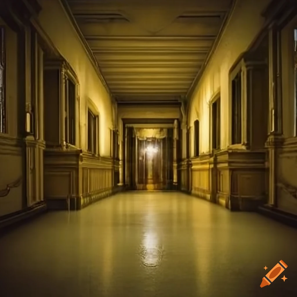Golden light in a scientific institute corridor on Craiyon