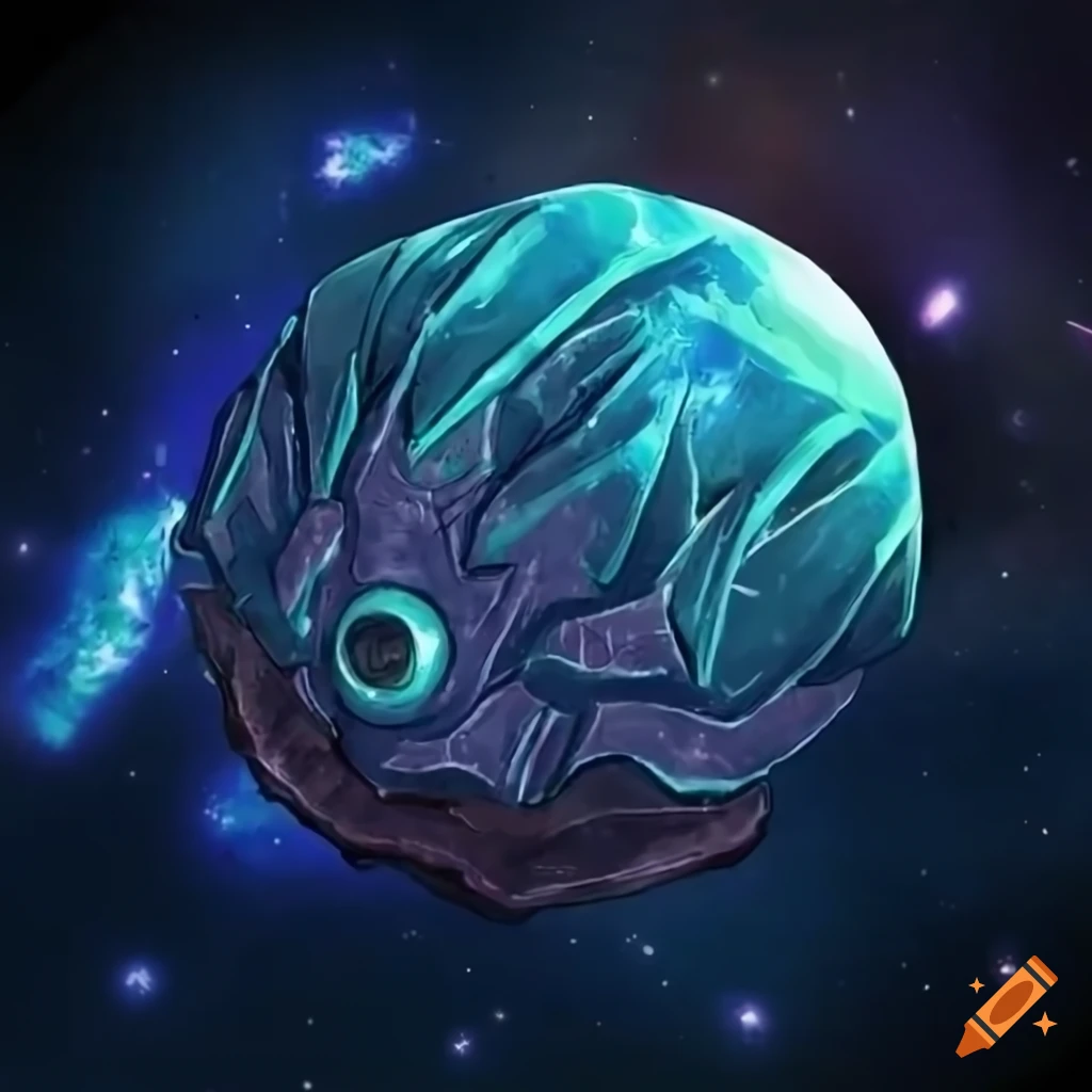 Yu gi oh inspired art of a huge meteor stone in outer space on Craiyon