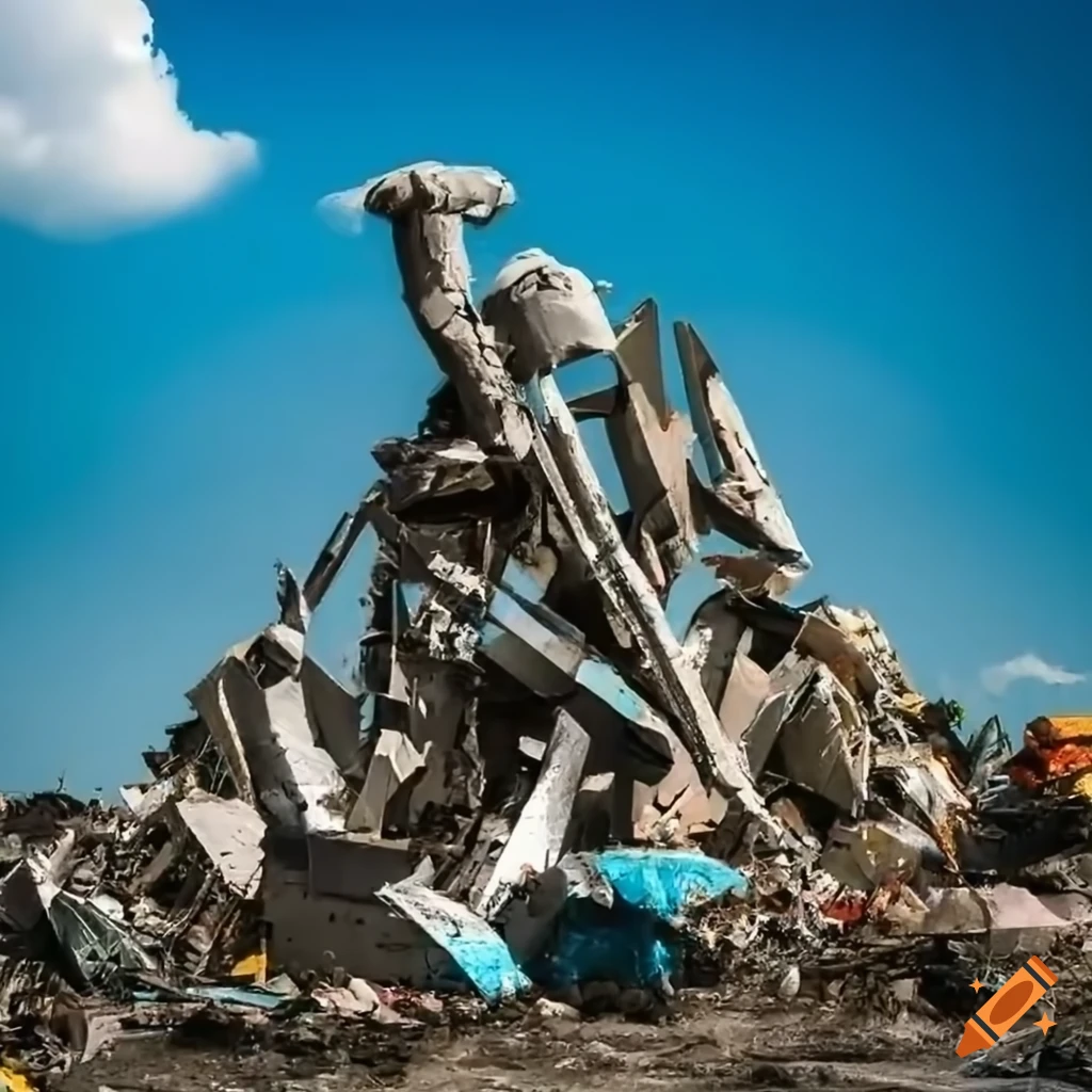 Destroyed statues in a post-apocalyptic landscape under blue sky on Craiyon