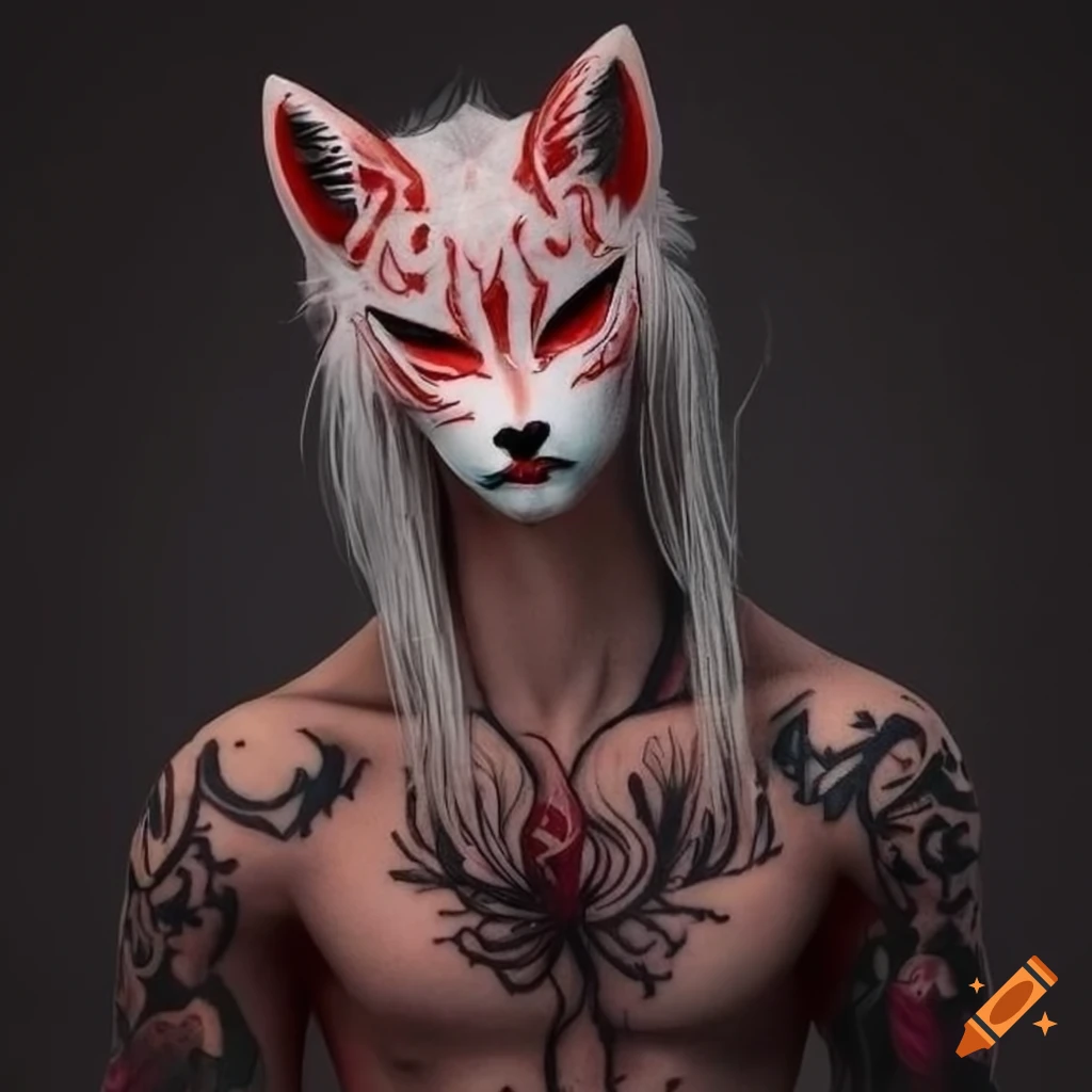 Masculine figure with intricate tattoos and captivating mask inspired ...