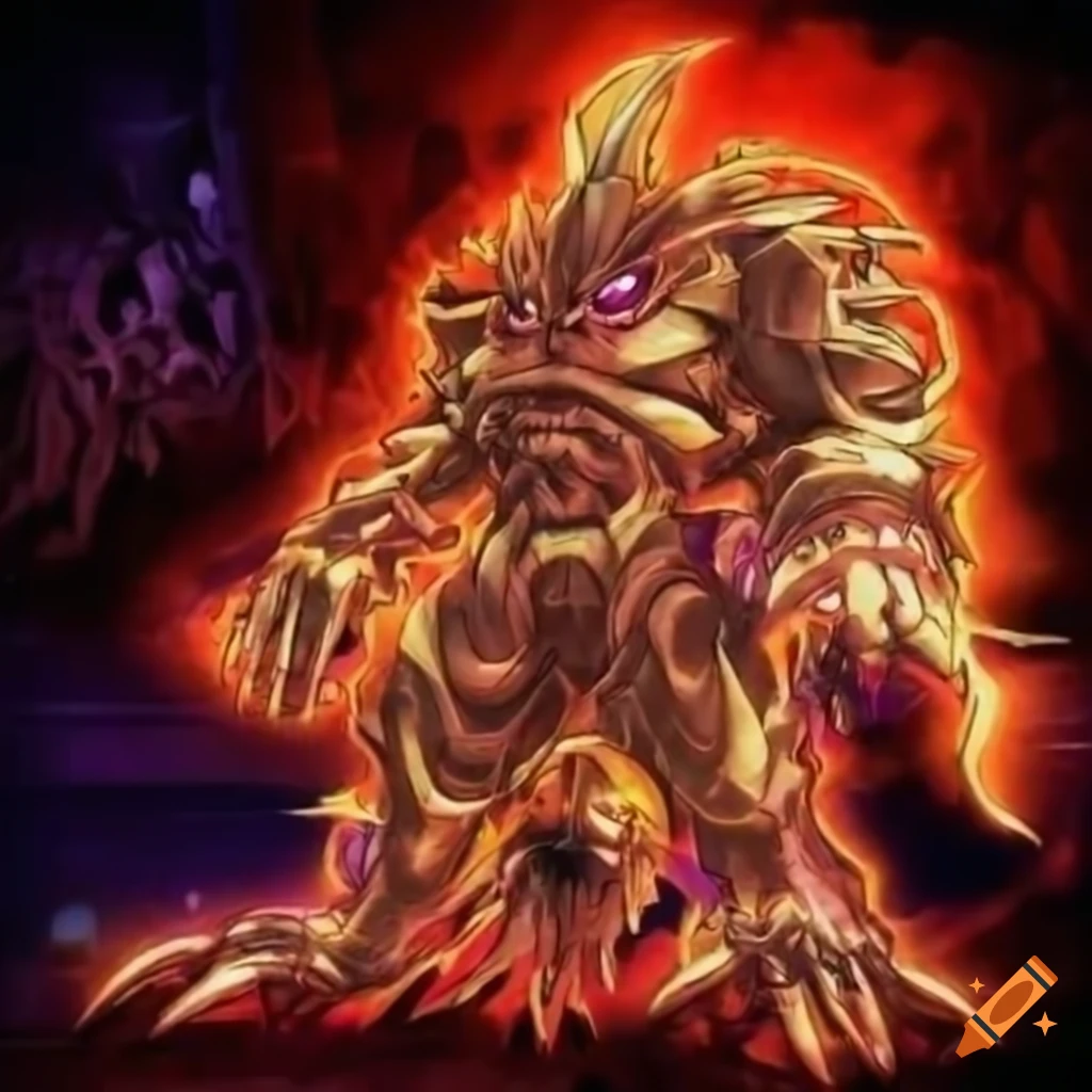 Humanoid creature made of fire in Yu-Gi-Oh! card art on Craiyon