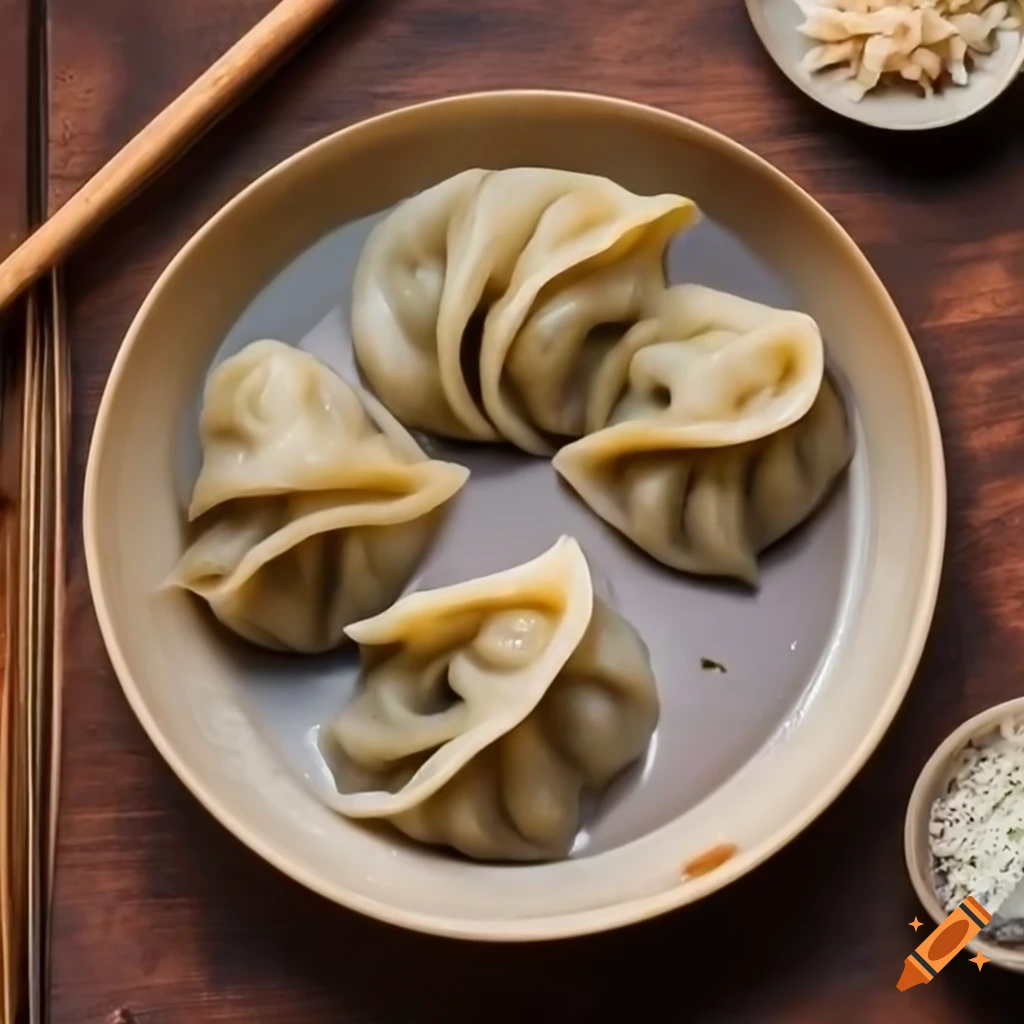 Plate of delicious steaming momo dumplings with aromatic spices on Craiyon