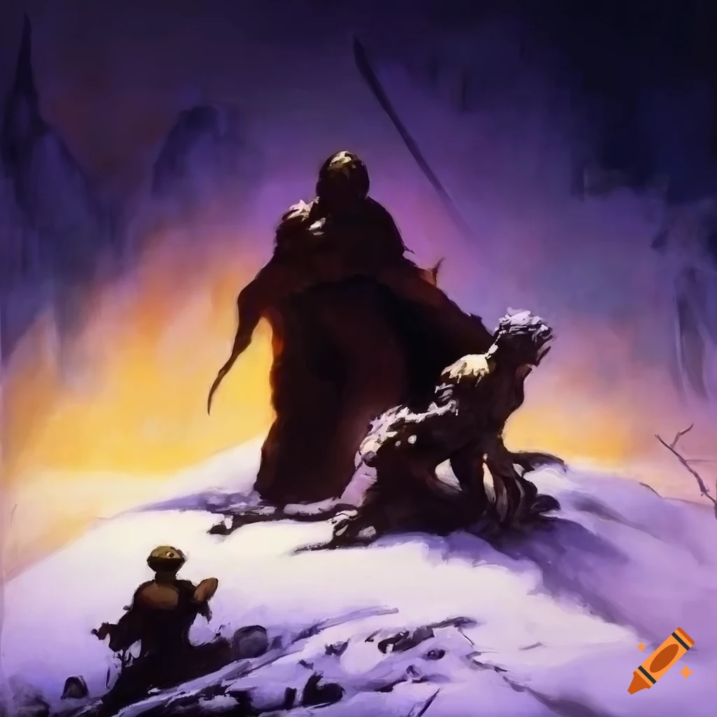 Ancient city in a frozen snow-covered landscape in a frank frazetta ...