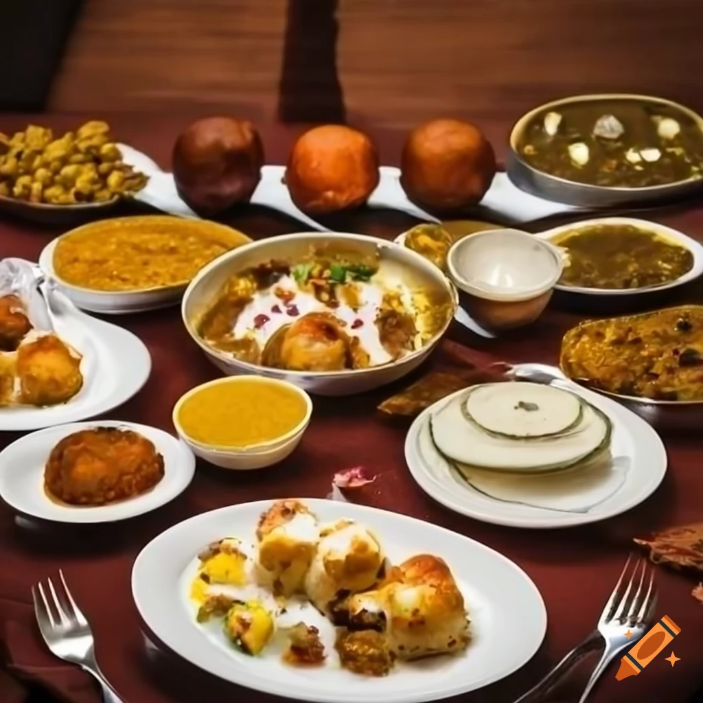 Table filled with traditional Indian cuisine including curry, vegetable ...