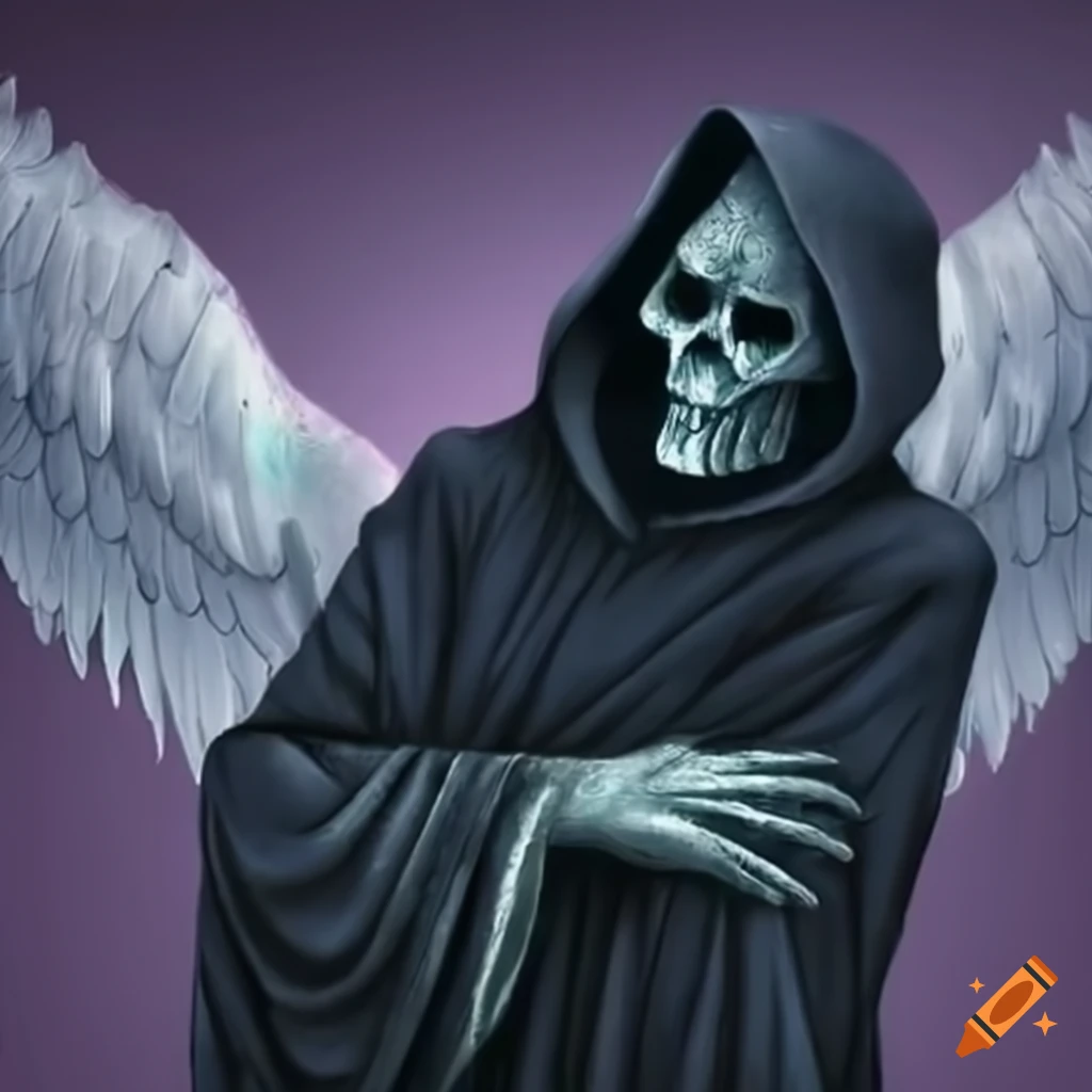 Symbolic encounter between the grim reaper and divine angels on Craiyon