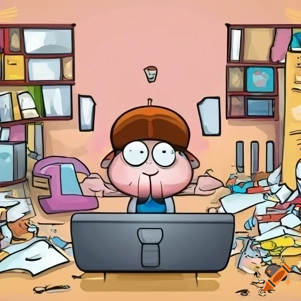 Colorful cartoon of a nerd playing a computer game in a messy room on ...