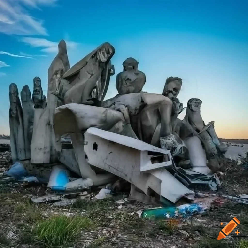 Destroyed statues in a post-apocalyptic landscape under blue sky on Craiyon