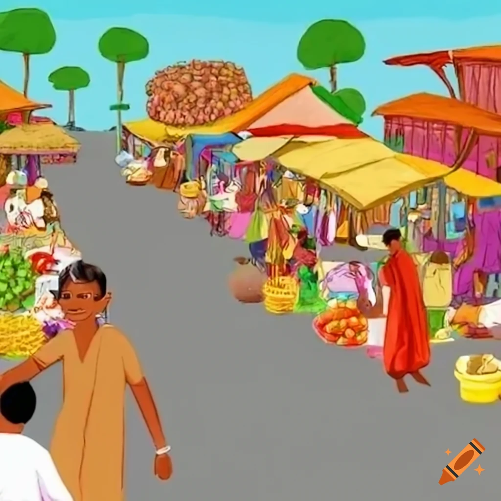 Bustling Indian village market scene with colorful fruits, vegetables ...