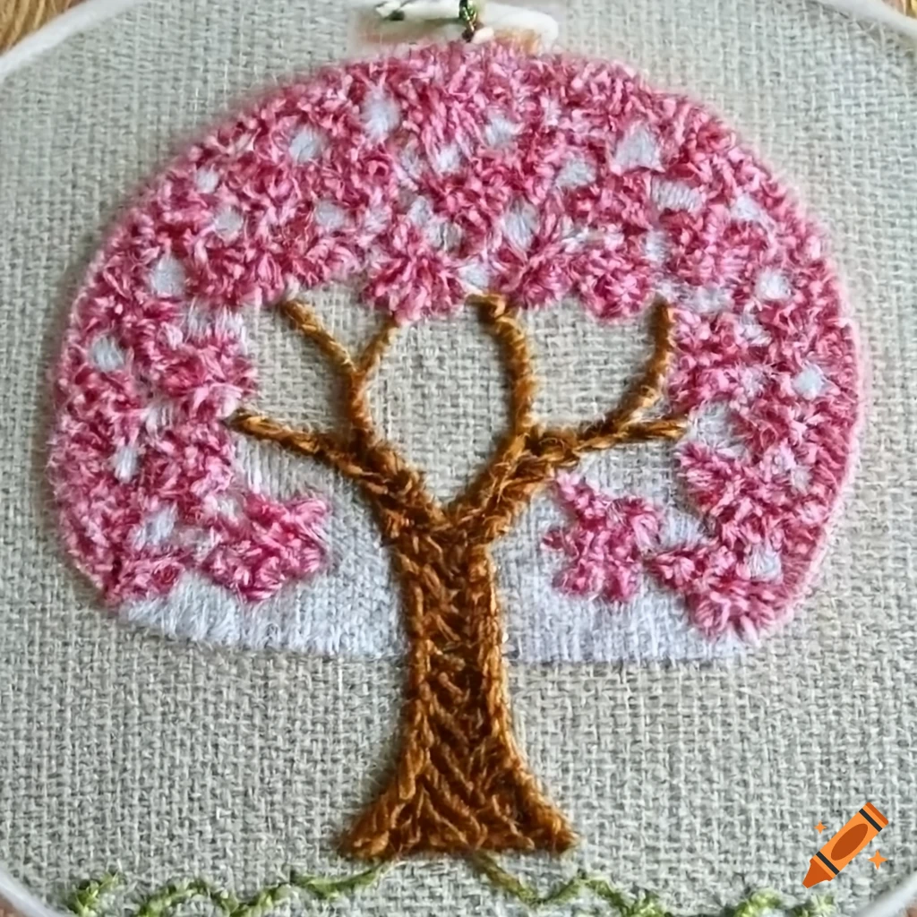 Spring embroidery of a pink tree by the lake on Craiyon