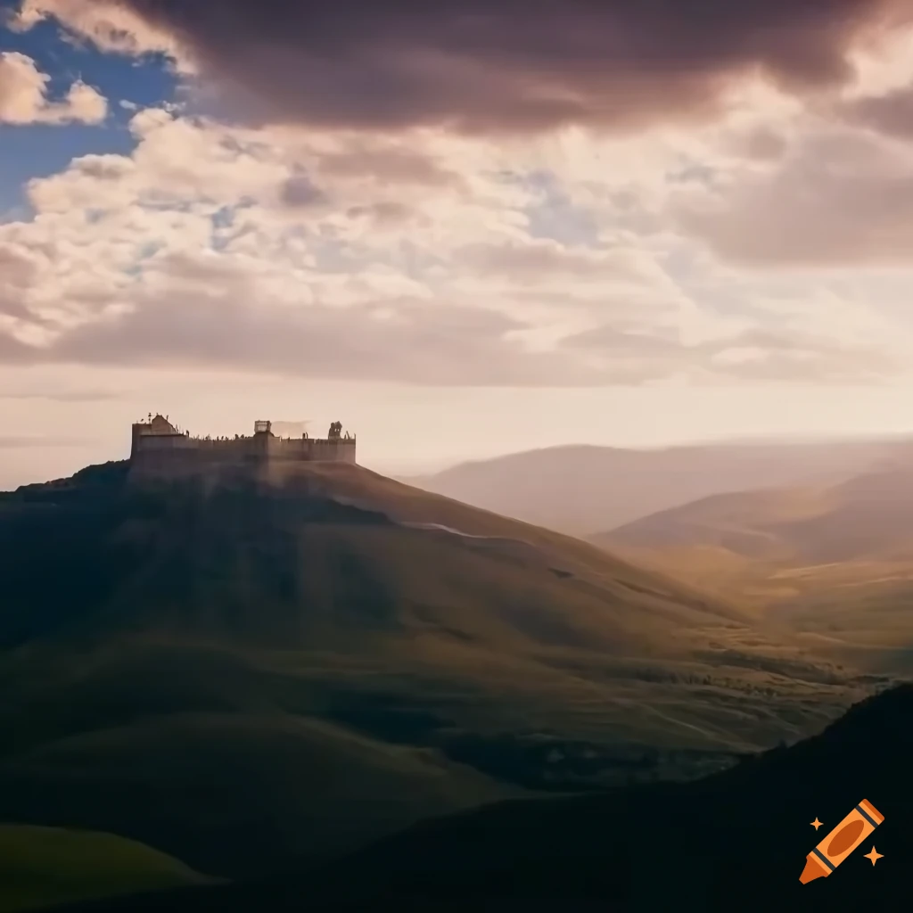 Breathtaking valley landscape with a white castle under a sunburst sky ...