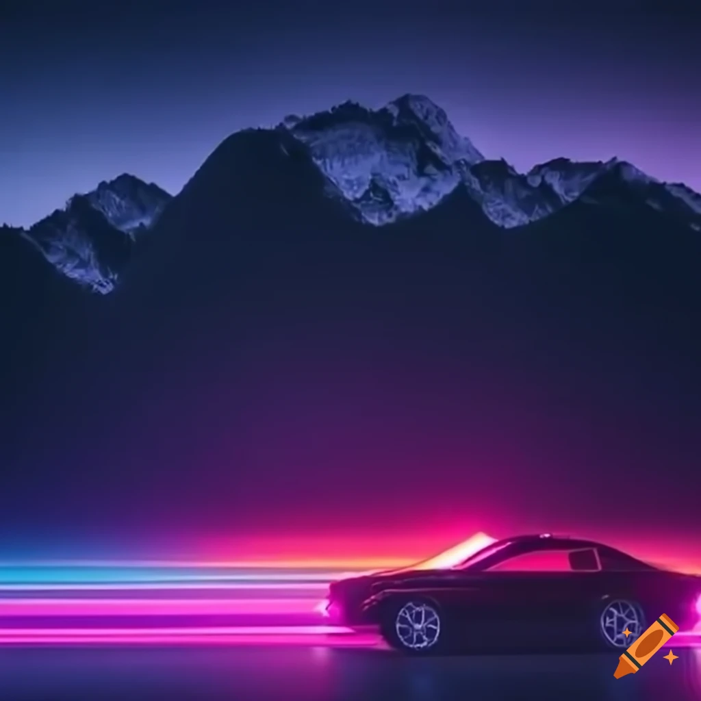 Synthwave car at midnight with mountains on Craiyon