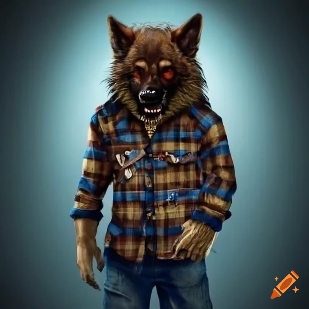 Werewolf german shepherd in denim jeans and flannel shirt on Craiyon