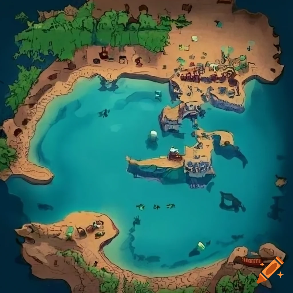 Pirate map with 8 structures on an island on Craiyon